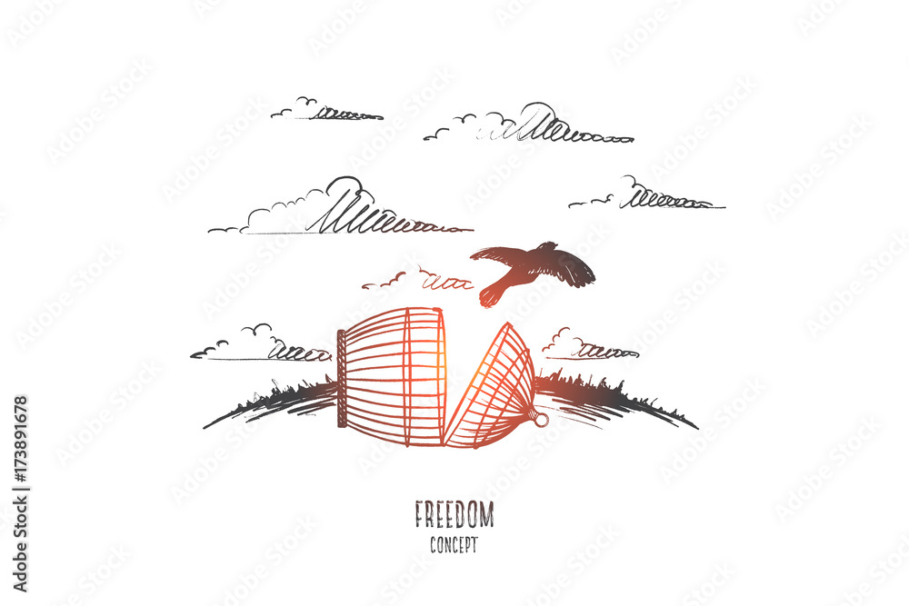 Freedom concept. Hand drawn bird escaping from the prison. Cell broken ...