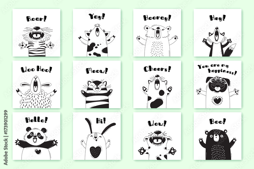 Cards with funny animals and exclamations. Tiger Pig Bear Fox Sheep Cat ...