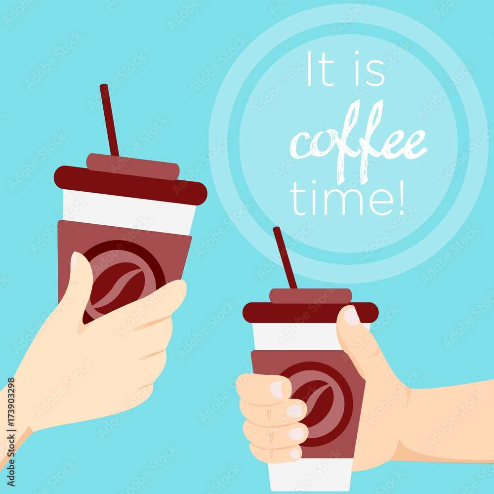 Vector illustration hand holding coffee cup at light blue background ...