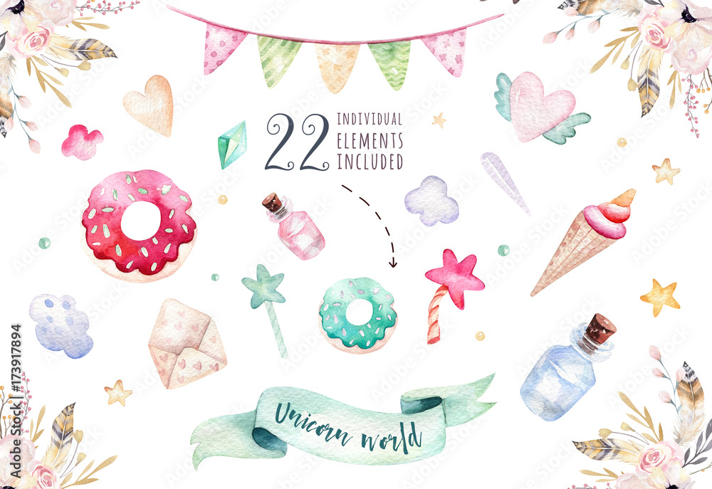 Isolated cute watercolor unicorn clipart. Nursery unicorns illustration ...