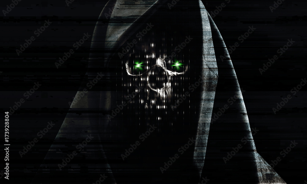 hacker attack background, portrait of a skull in the hood over black ...