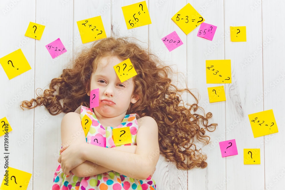 Crying child with question symbol with stickers on his head and around ...
