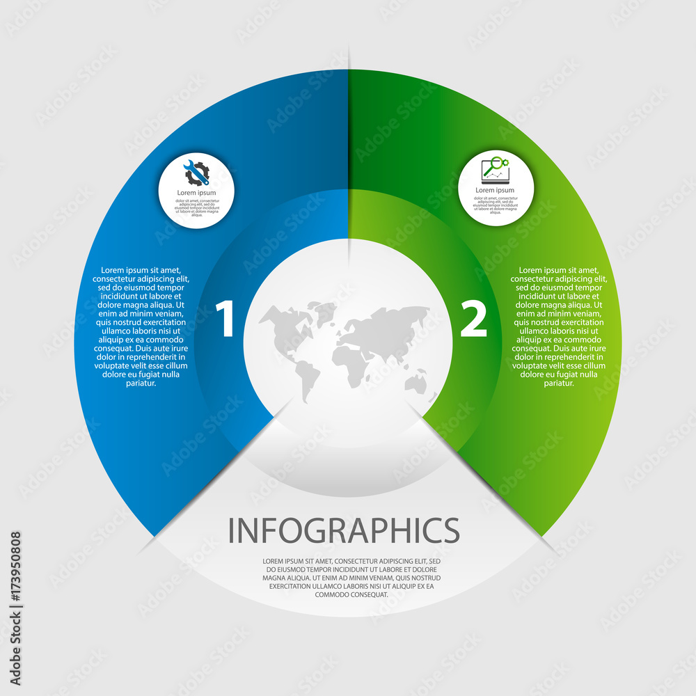 Circular infographics of 2 steps, segments for annual reports, charts ...