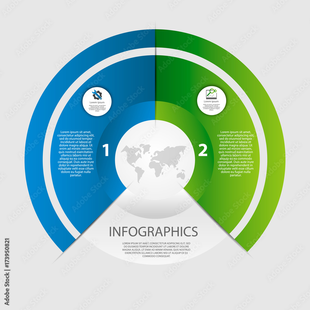 Circular infographics of 2 steps, segments for annual reports, charts ...