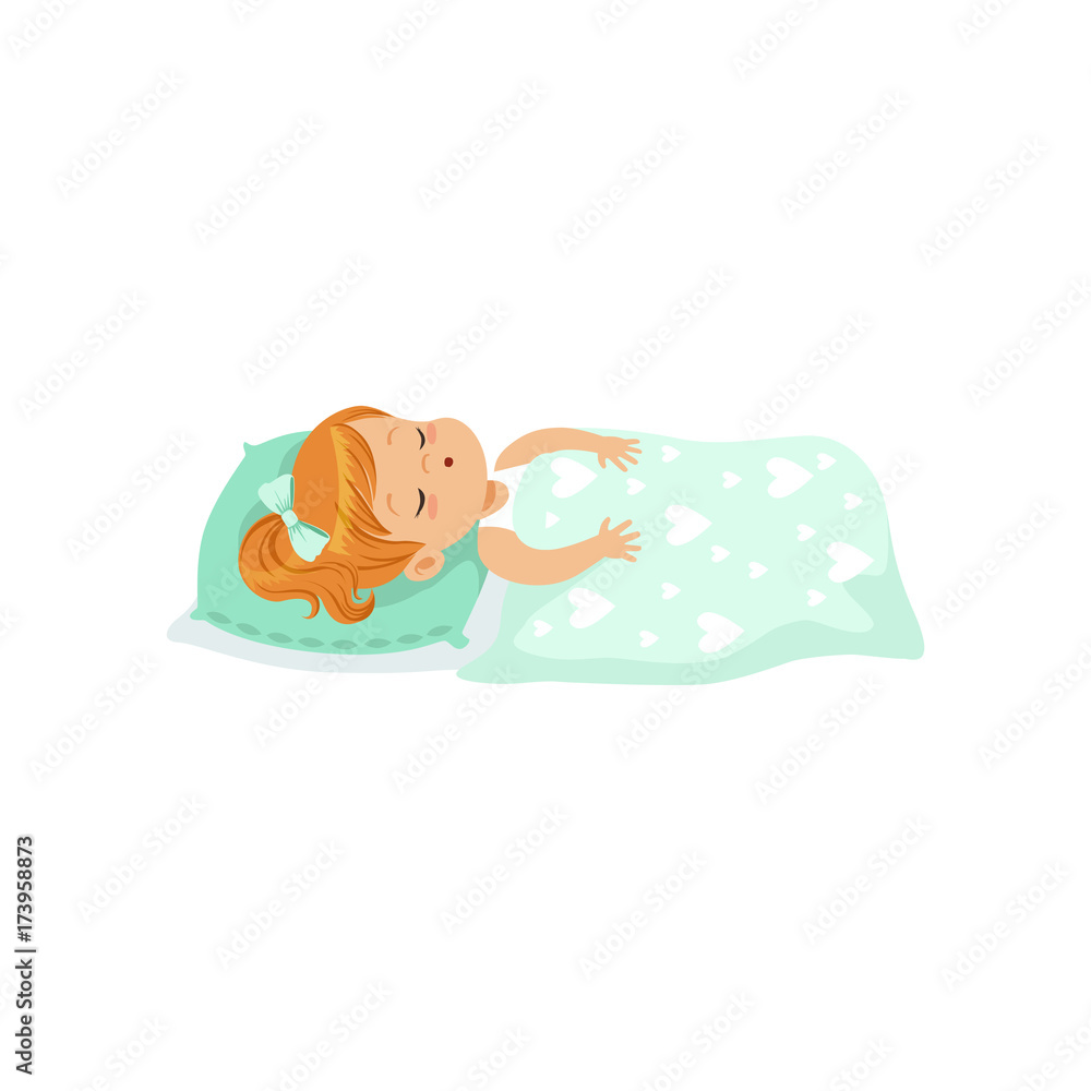 Adorable redhead little girl sleeping on her bed cartoon character ...