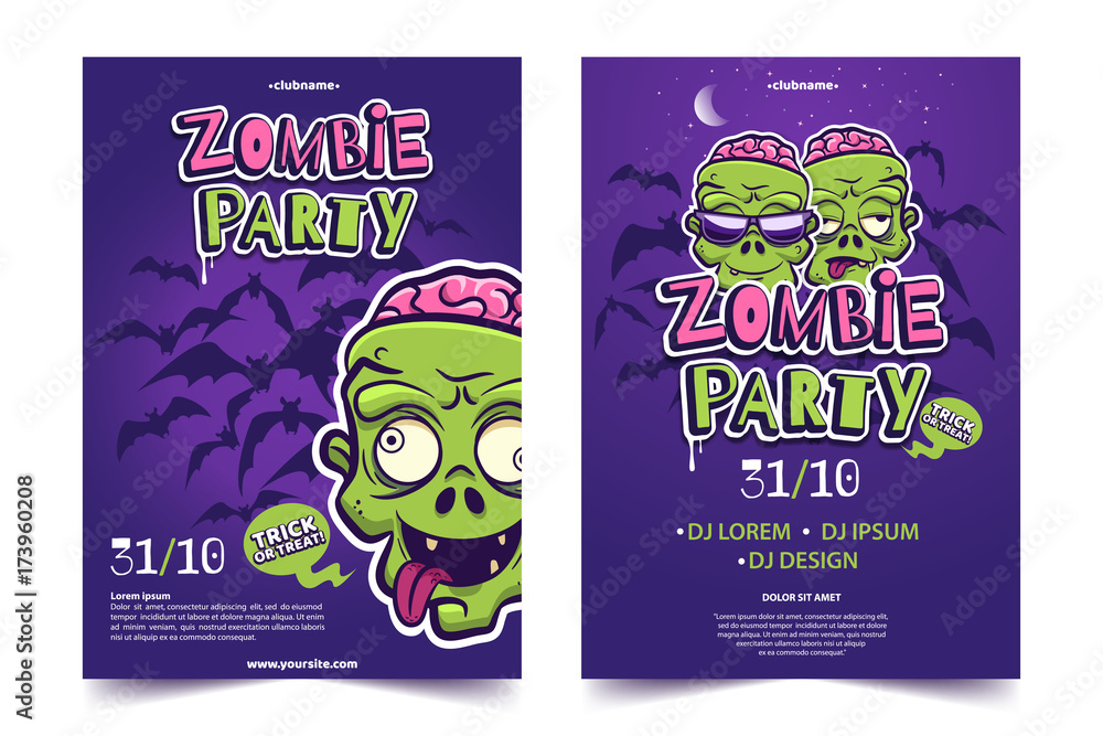 Zombie party a4 invitation banner. Funny cartoon monster face on lilac ...