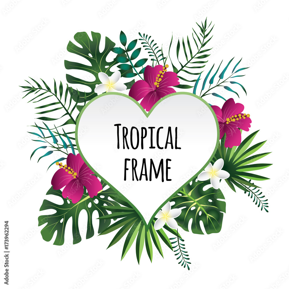 Heart tropical frame, template with place for text. Vector illustration ...