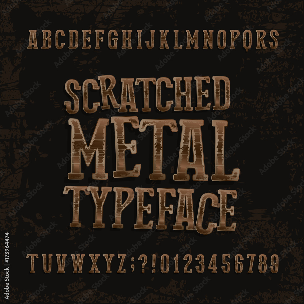Scratched metal typeface. Retro alphabet font. Metallic letters and ...