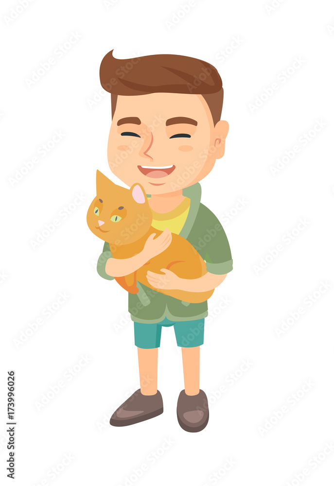 Caucasian happy boy holding a cat. Full length of cheerful little boy ...