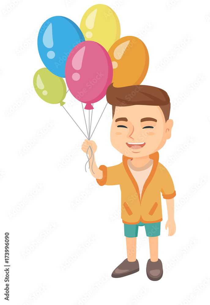 Caucasian smiling happy boy with the bunch of colorful air balloons in ...