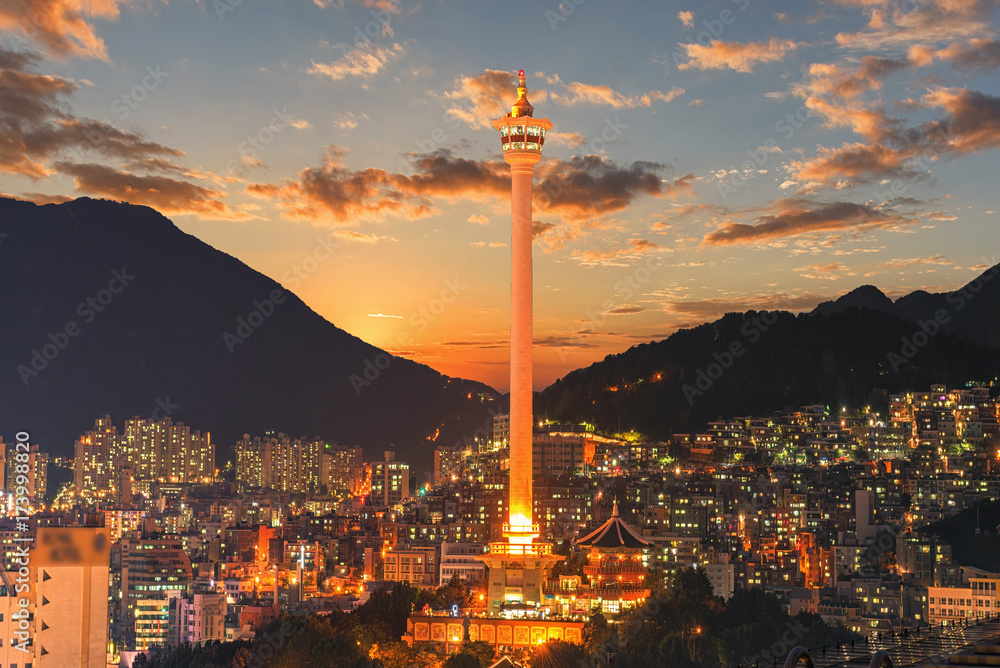 Photo & Art Print Busan city skylight and Busan tower at night in Korea ...