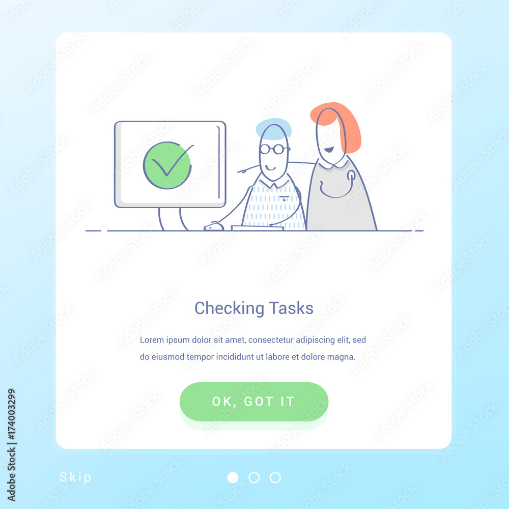 Work process, tasks reviewing and verification vector illustration. Two ...
