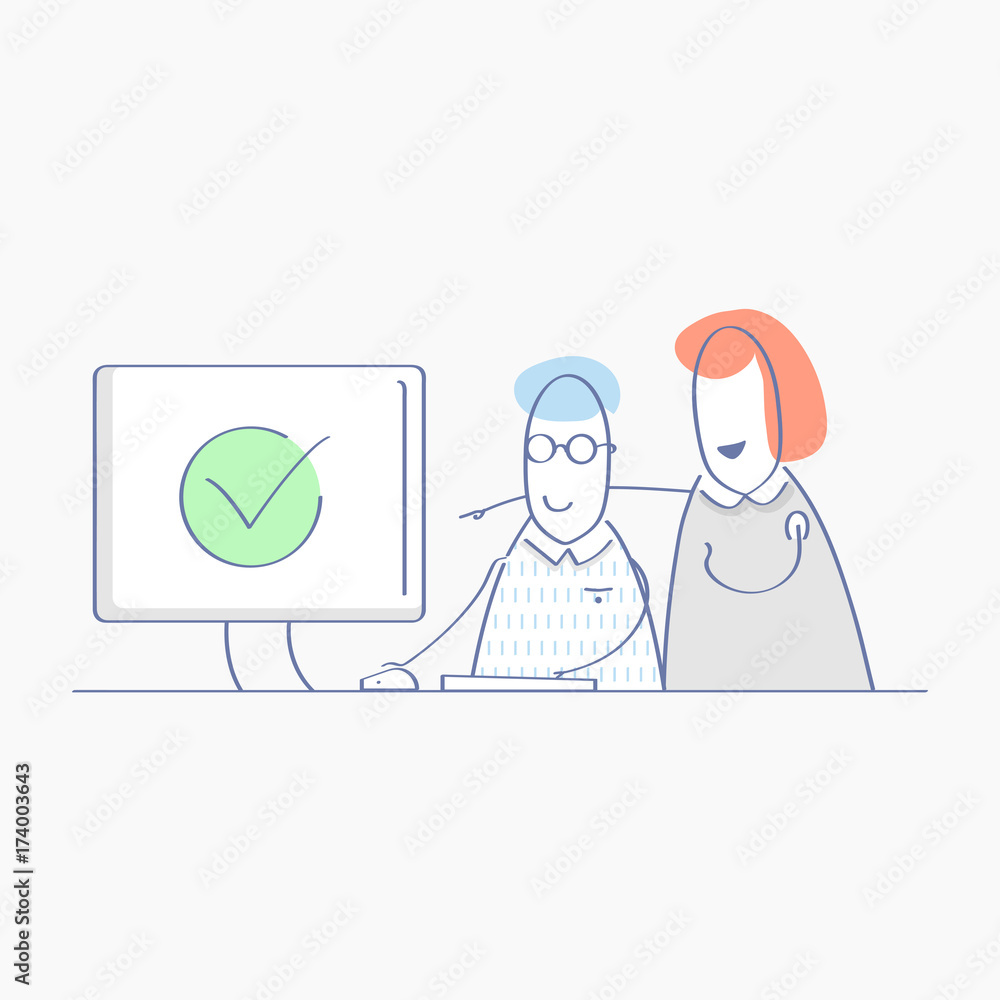 Work process, tasks reviewing and verification vector illustration. Two ...