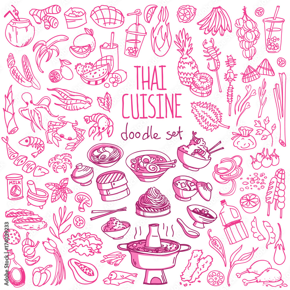 Thai cuisine doodle set. Popular food, drinks and cooking ingredients ...