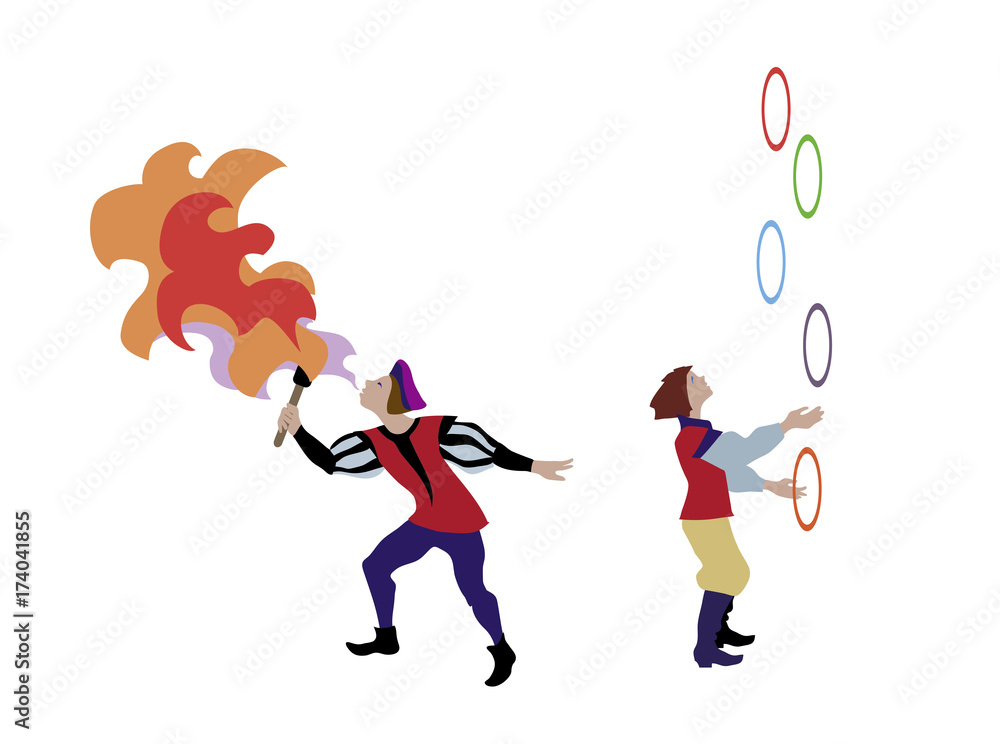 Medieval cartoon characters of juggler and fire-breather in european ...