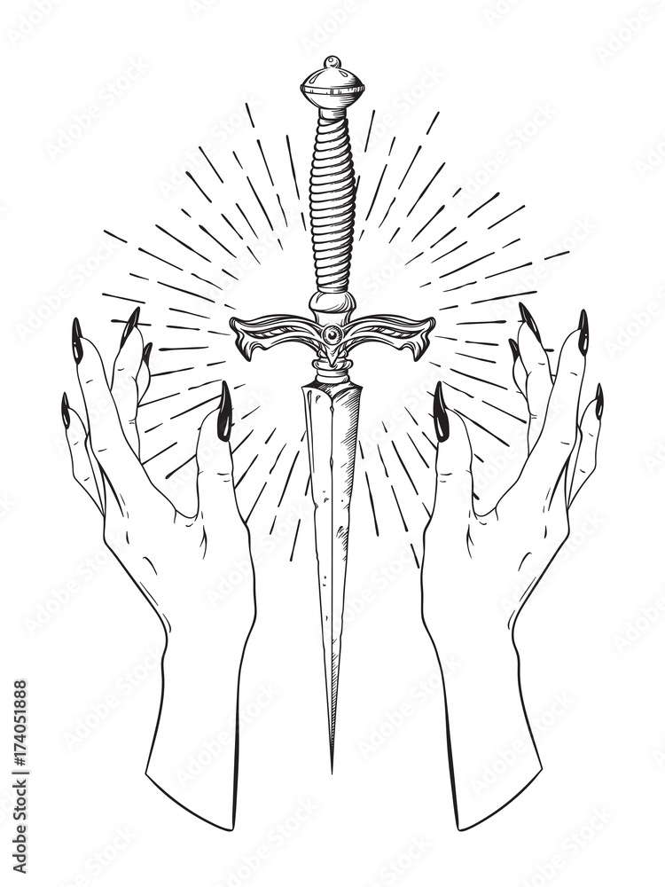 Ritual dagger in female hands with rays of light isolated on white ...