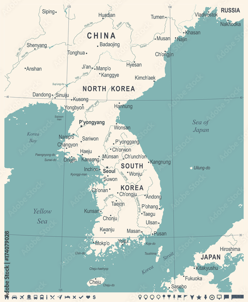 Korean Peninsula Map - Vintage Vector Illustration Stock Vector | Adobe ...
