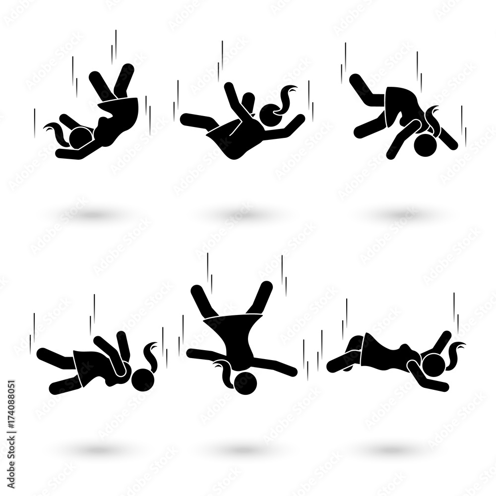 Falling woman stick figure pictogram. Different positions of flying ...