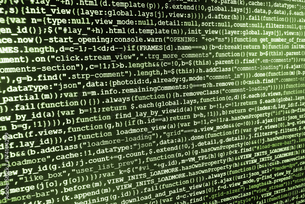 Software source code. Computer script typing work. Digital binary data on computer screen ...