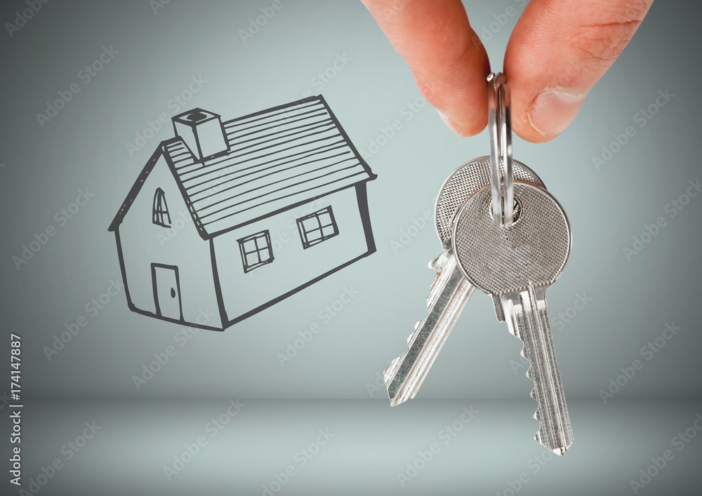 Hand Holding key with house drawing in front of vignette Stock Photo ...