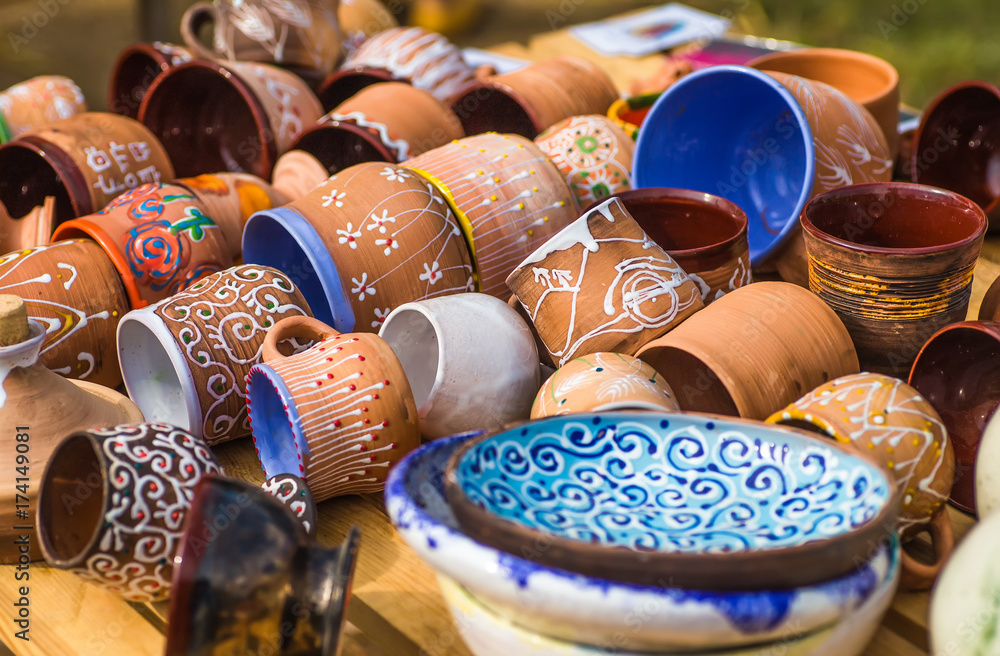 Ukrainian pottery. Pottery museum in Ukrainian village Oposhnya, center ...