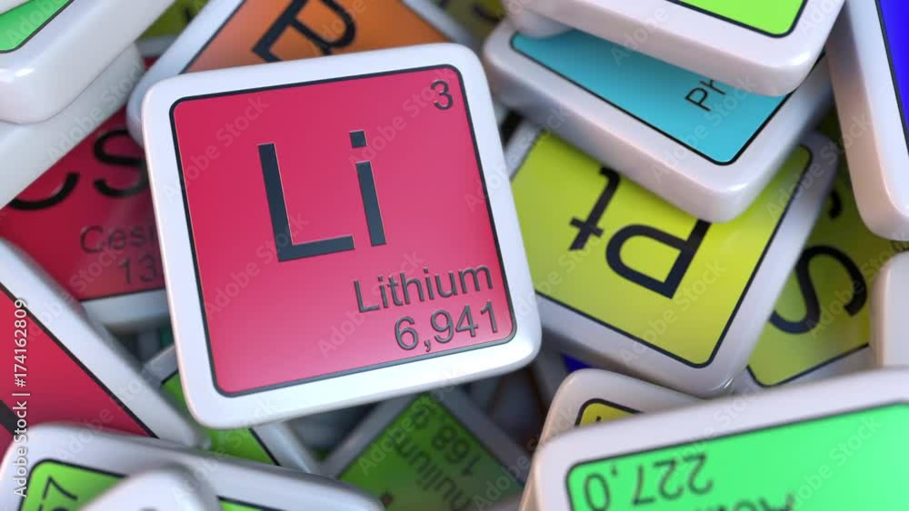Lithium block on the pile of periodic table of the chemical elements ...