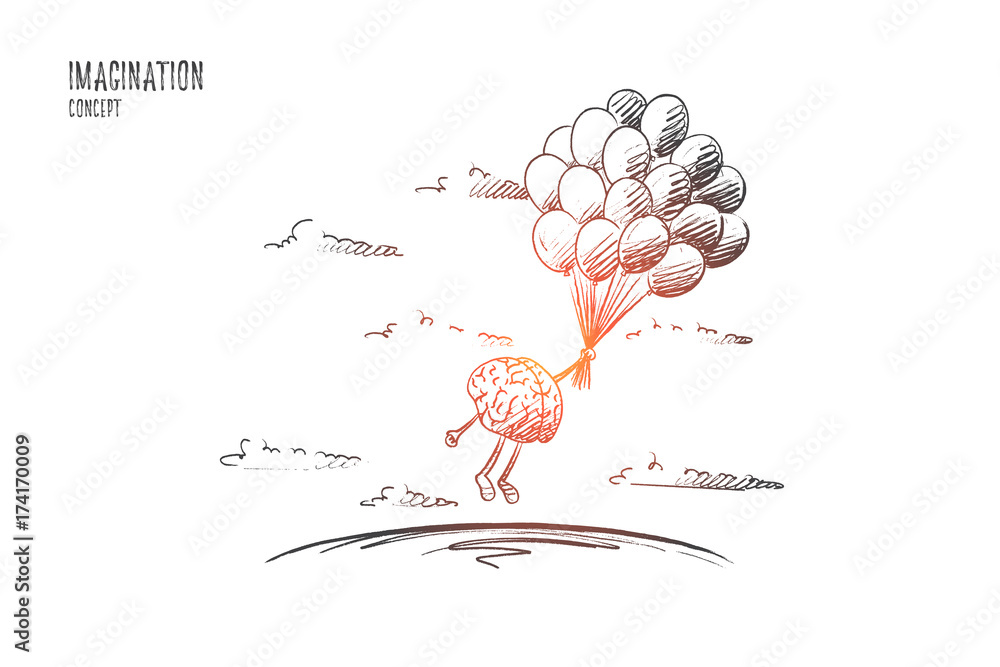 Imagination concept. Hand drawn brains flying with balloons. Flying ...
