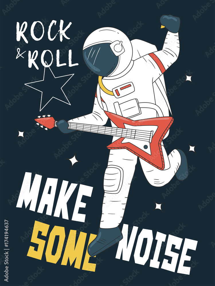 Astronaut playing guitar in space. Rock & roll. Vector illustration for ...