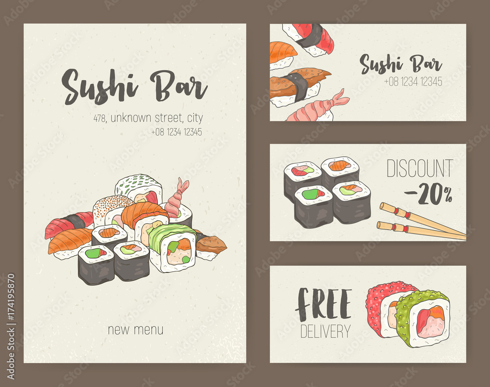 Collection of colorful flyer templates with Japanese sushi and rolls ...