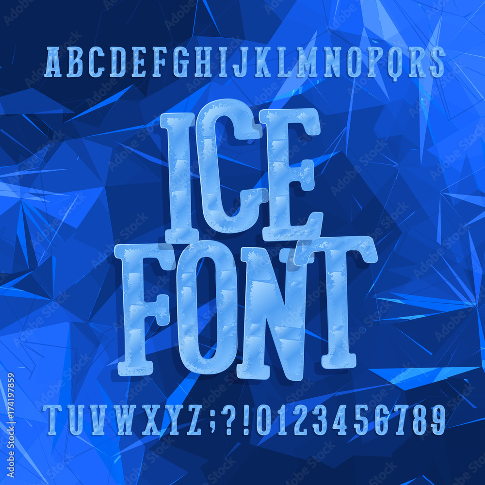 Ice typeface. Alphabet font. Letters and numbers. Abstract blue ...