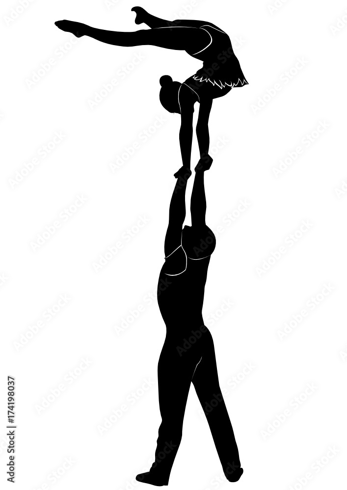 acrobatic stunt. Gymnasts acrobats vector black silhouette. Gymnasts ...