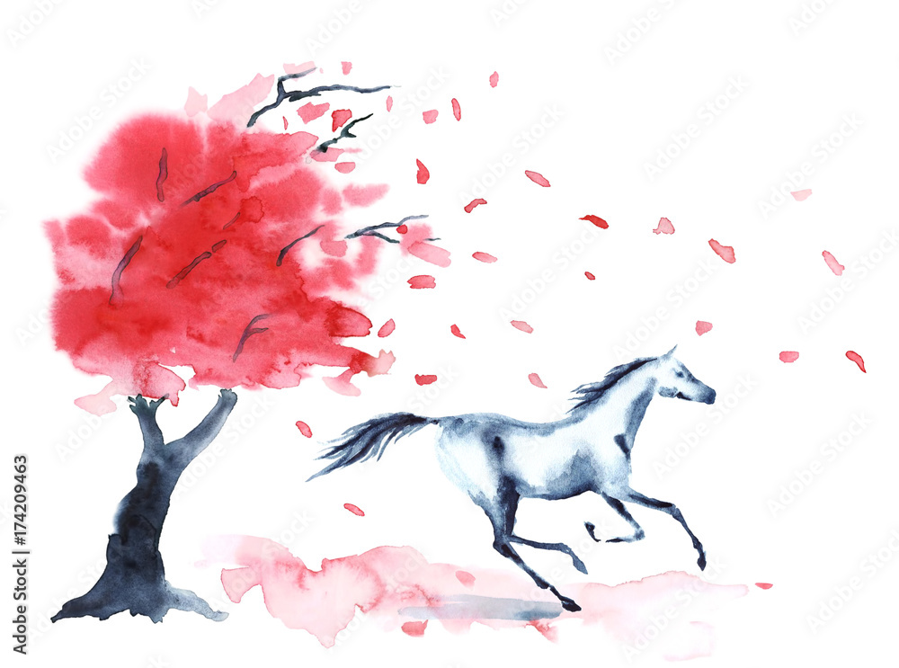 Wet watercolor galloping horse with ink blots stains autumn tree with ...