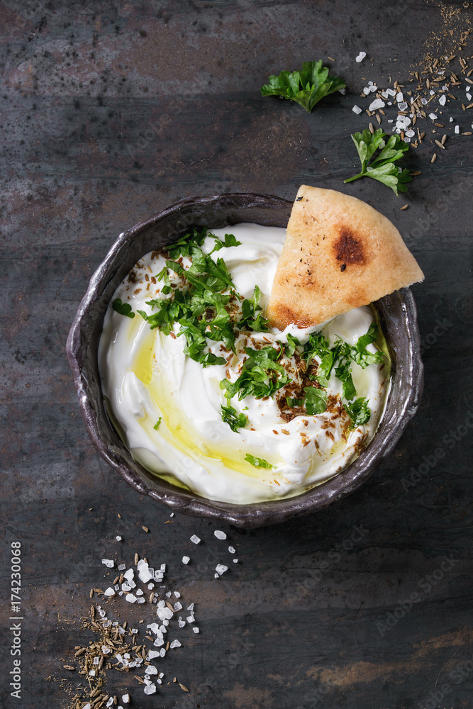 labneh middle eastern lebanese cream cheese dip with olive oil, salt ...