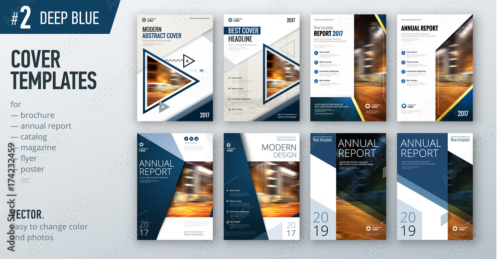 Set of business cover design template in dark blue color for brochure ...
