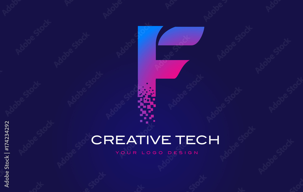 F Initial Letter Logo Design with Digital Pixels in Blue Purple Colors ...