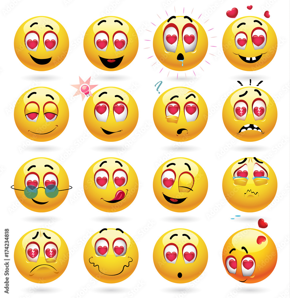 Cute smiley emoji feeling in love. Vector set of beauty valentine ...