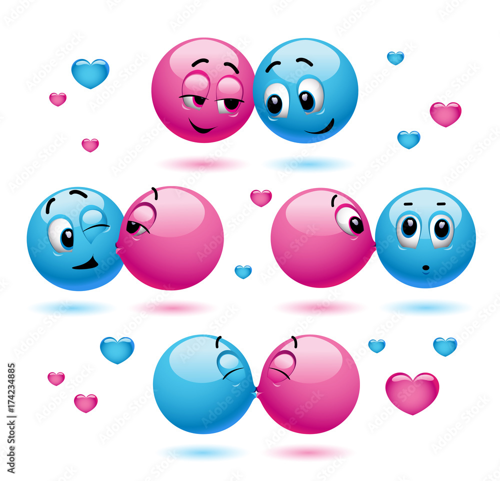 Smiley kissing another smiley. Cute smiley emoji like male and female ...