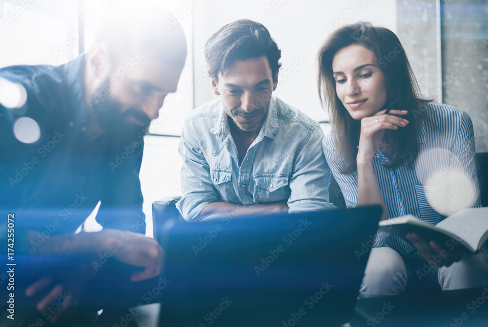 Teamwork process concept.Young coworkers team work with new startup ...