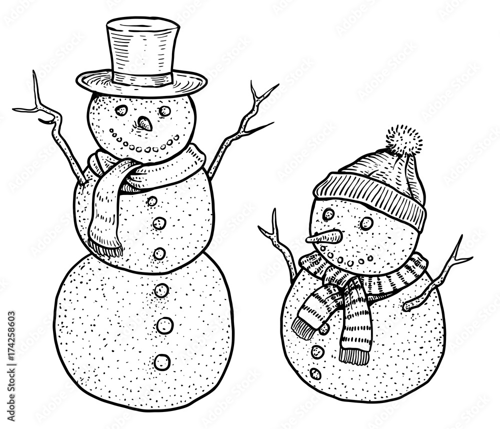 Snowman illustration, drawing, engraving, ink, line art, vector Stock ...