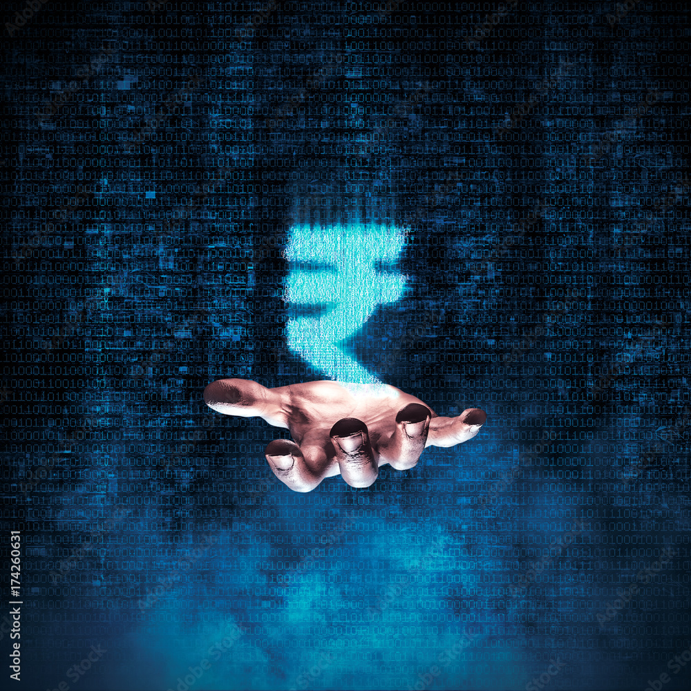 Binary rupee hand / 3D illustration of glowing rupee symbol formed by ...