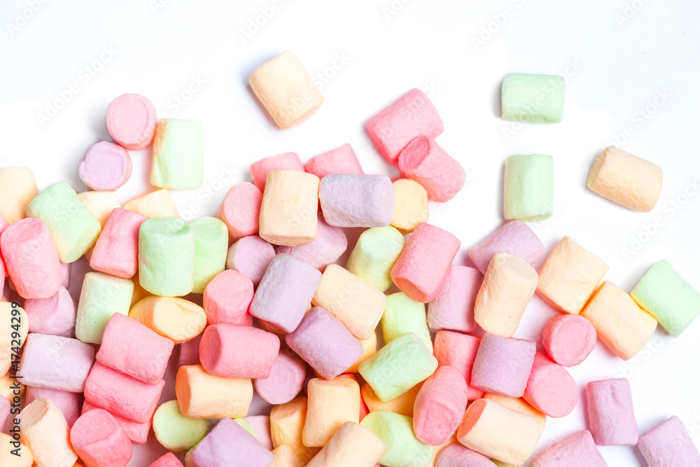 Colorful mini marshmallows isolated on white background, macro. Fluffy ...