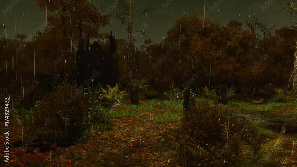 Abandoned overgrown graveyard with ancient tombstones and old chapel ...