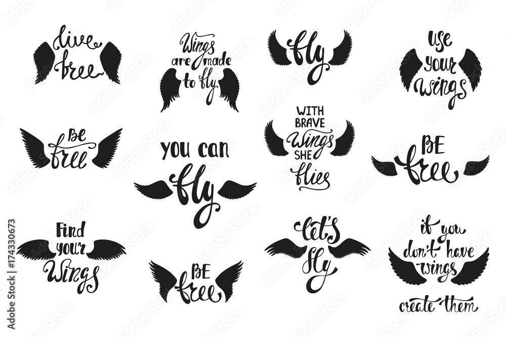 Vector set of hand drawn calligraphy phrases with angel wings. R Stock ...