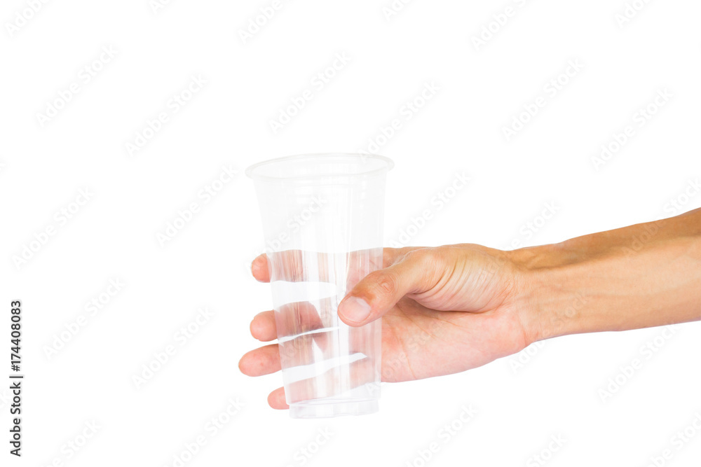 Hand holding plastic cup isolated on white background with clipping ...