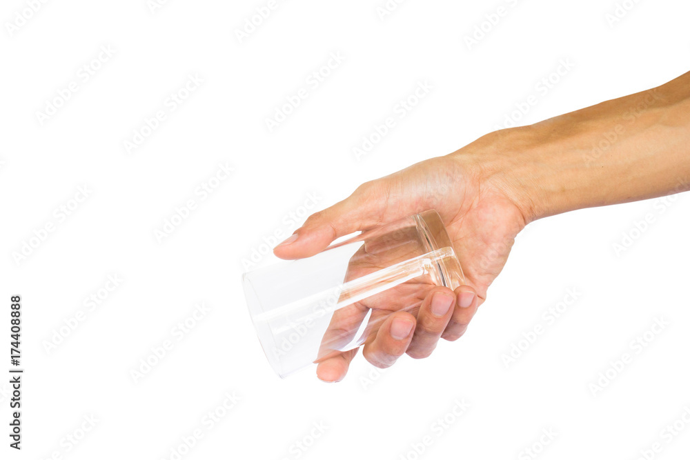 Hand holding empty glass like a pouring water isolated on white ...