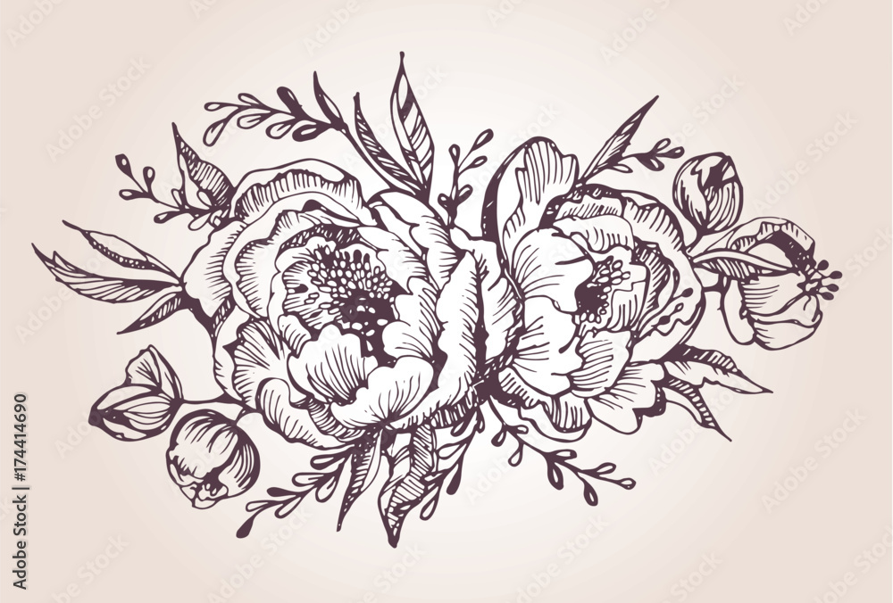 lower set: highly detailed hand drawn flowers and leaves. Vector ...