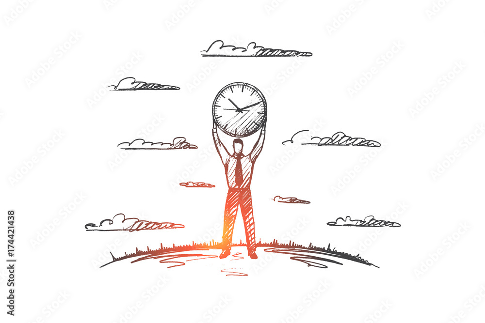 Time management concept. Hand drawn man holding big clock under his ...