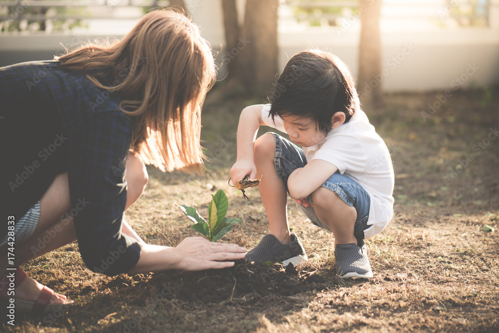 Cute Asian child and mother planting young tree on the black soil Stock ...