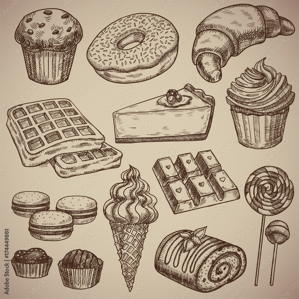 Engraving a sweet set: muffin, donut, croissant, waffles, cheesecake ...