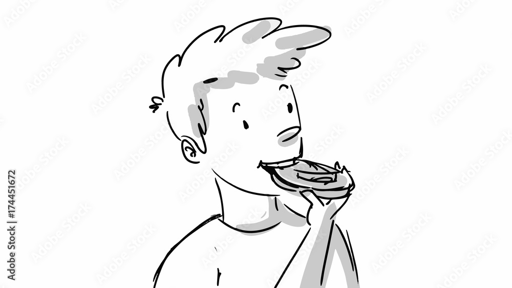 Happy boy eating a piece of bread or sandwich Vector storyboard sketch ...